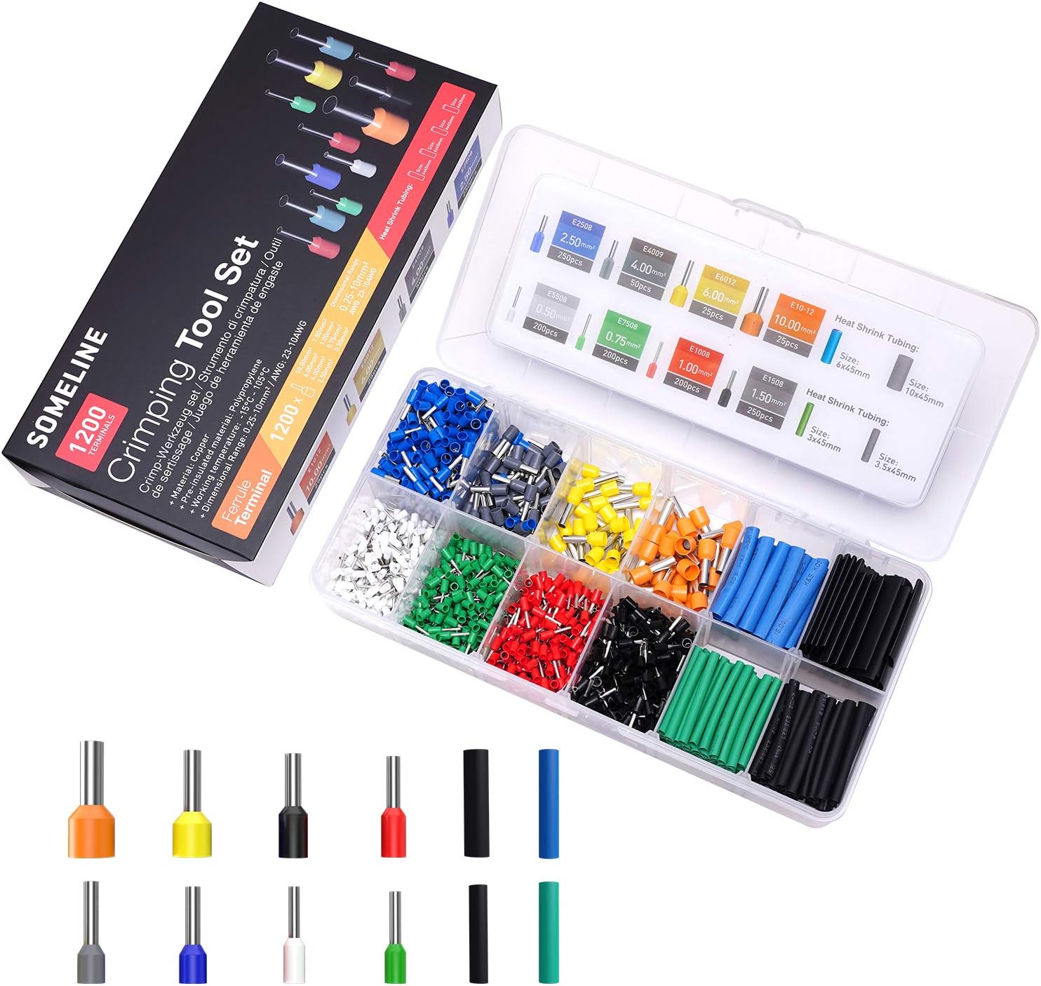 Insulated Cable lugs Toolkit 0.5-10mm² Wire end Insulating Sleeves 1200 ...