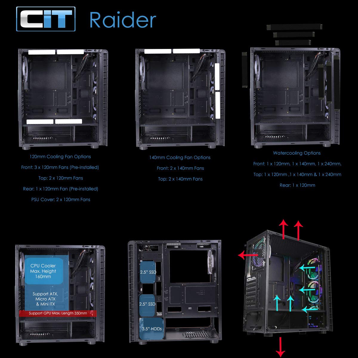 CiT Raider Funda de Juego 4 x Espectro de Halo Ventiladores RGB Vidrio ...