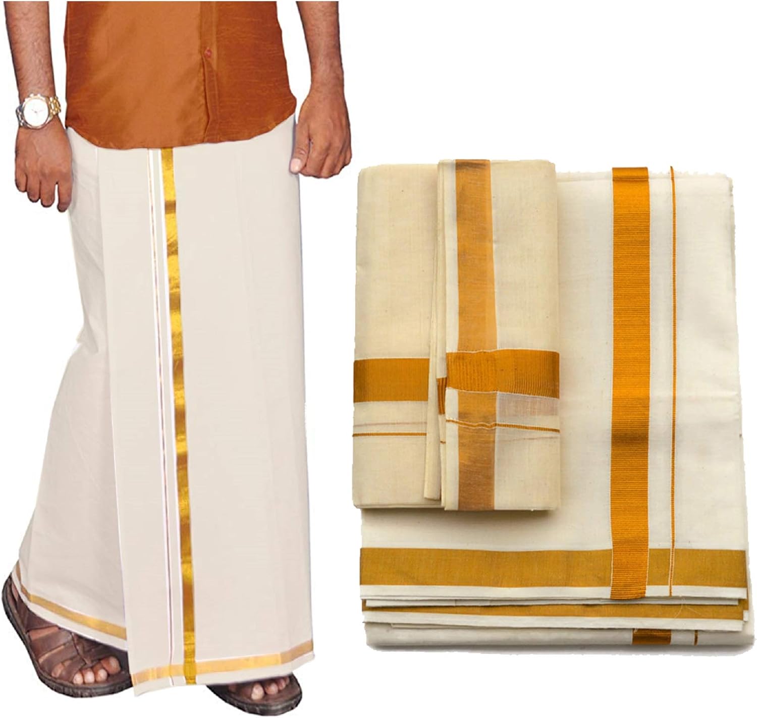 Premium Cotton Dhoti/Lungi and Angavastram for Men - 1 Inch Golden ...