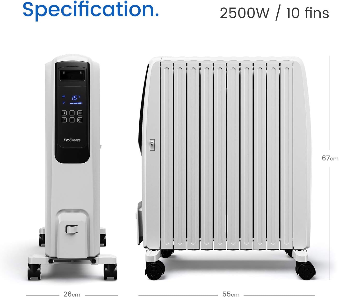 Pro Breeze 2500W Digital Oil Filled Radiator, 10 Fin – Portable ...