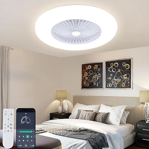 KAMLAM 24" Bladeless Ceiling Fan with Light, Low Profile Flush Mount, 3 ...