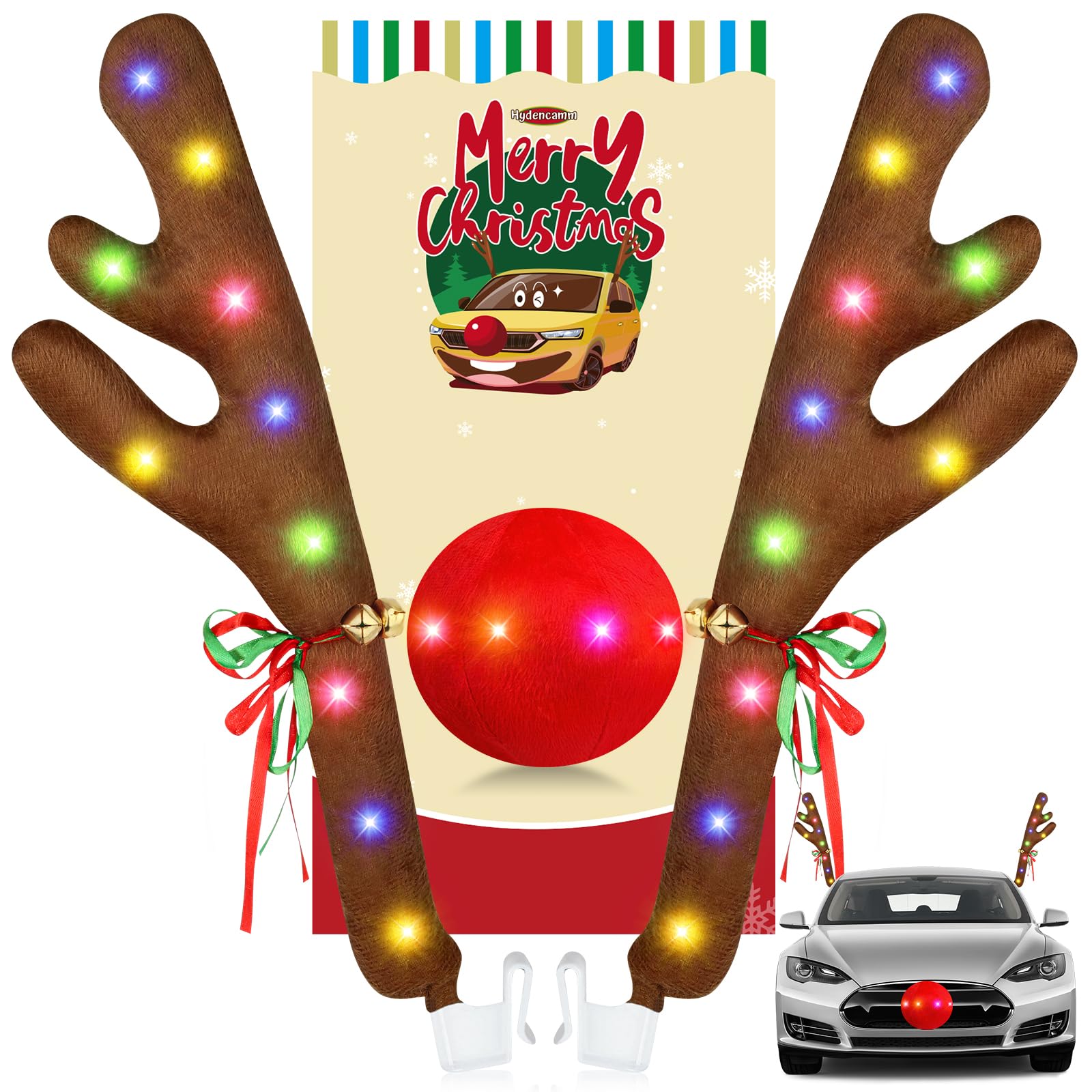 Hydencamm Car Reindeer Antlers & Nose Light Up with Lights, Reindeer ...