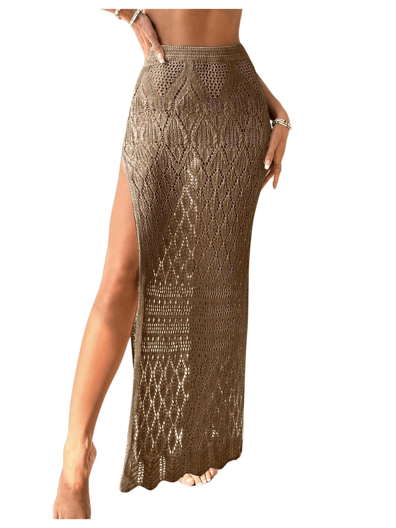 SHENHE Women's Crochet Swim Cover Up High Slit Sheer Long Beach Skirt ...