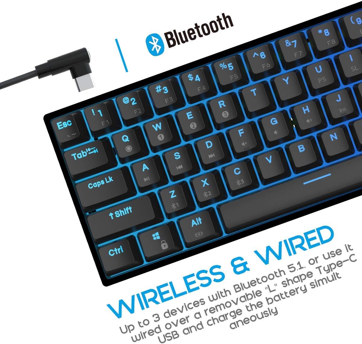 DIERYA 60% Gaming Keyboard,61 Keys Bluetooth 5.1 Wireless/Wired RGB ...