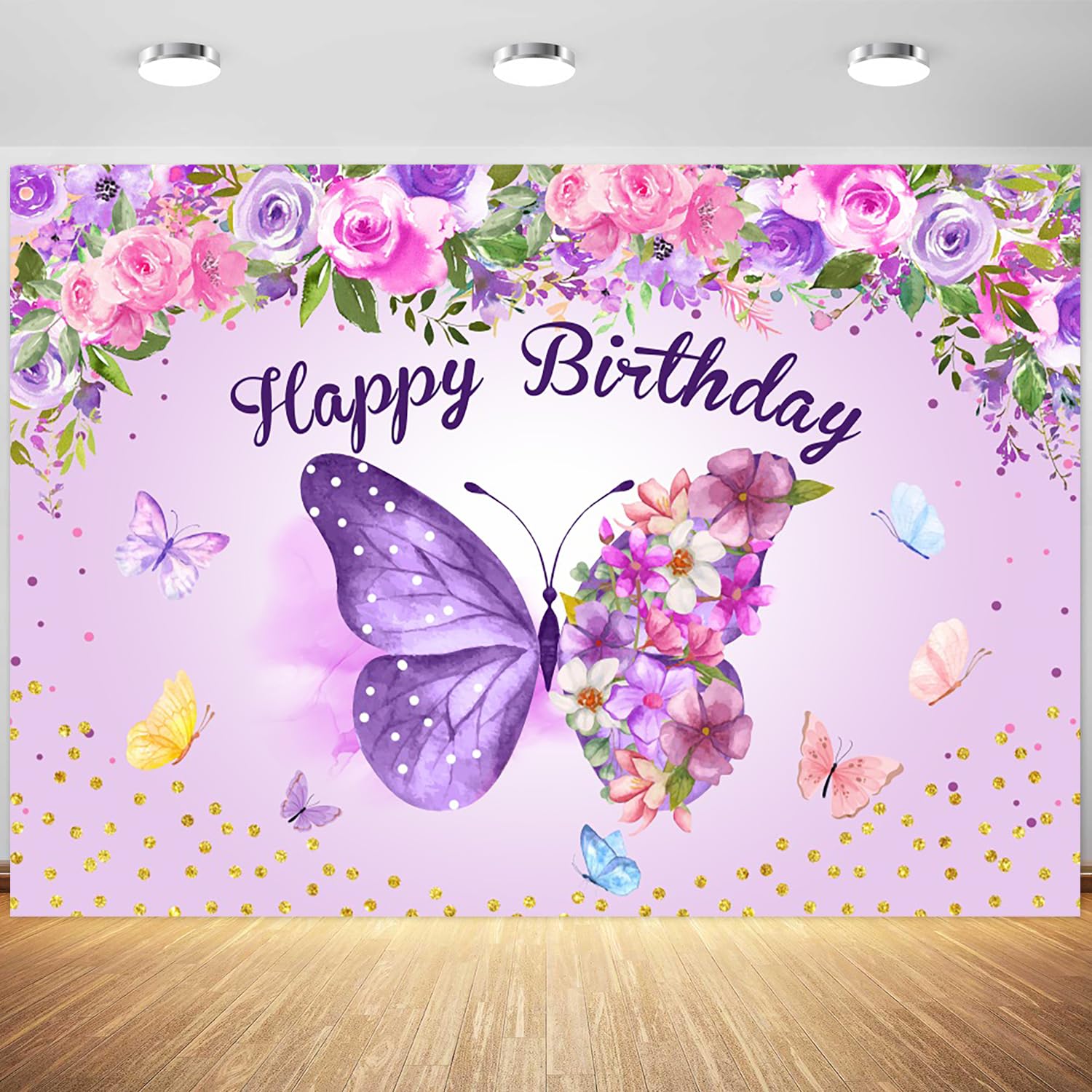 7x5ft Butterfly Happy Birthday Backdrop Purple Butterfly Flowers ...