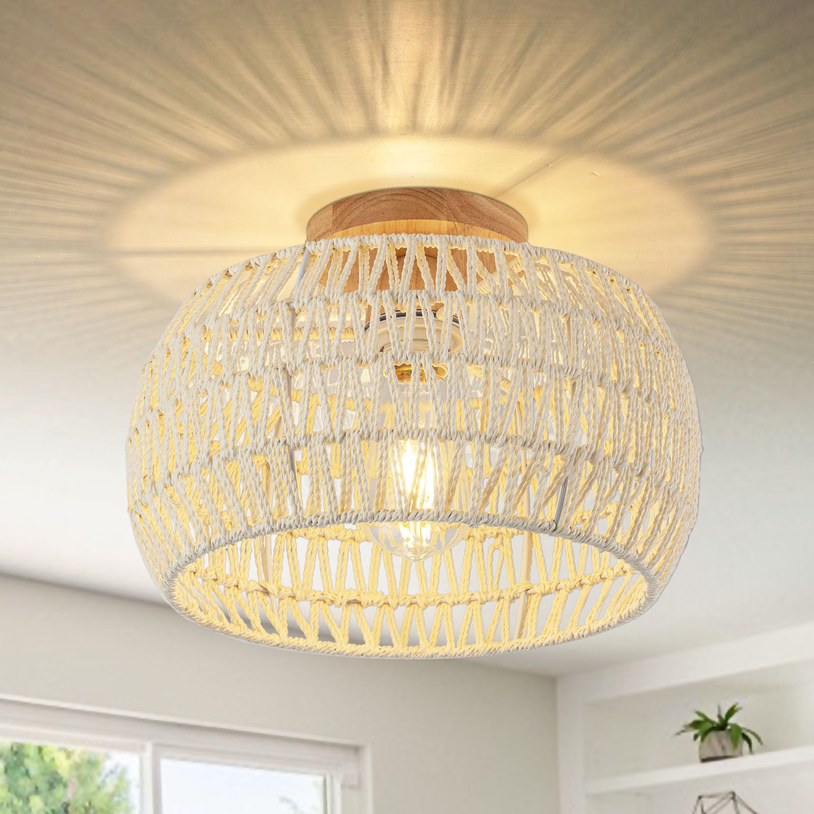 OCWHT Boho Ceiling Light Fixtures Cream White Rattan Chandelier Light ...
