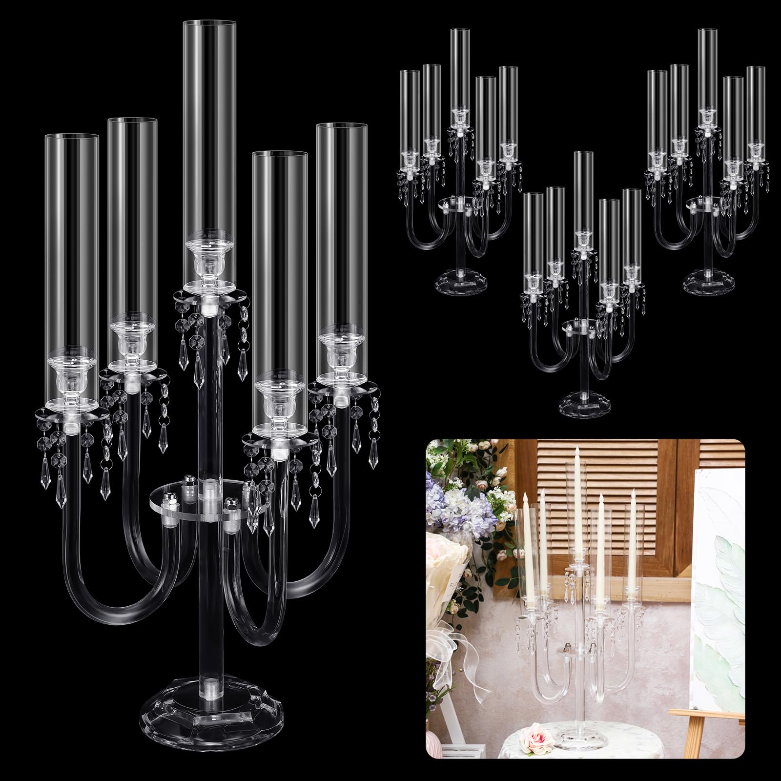 Mumufy 4 Pcs 5 Arm Candelabra Holder Table Centerpieces 27 Inch Crystal Taper Candlestick with ...