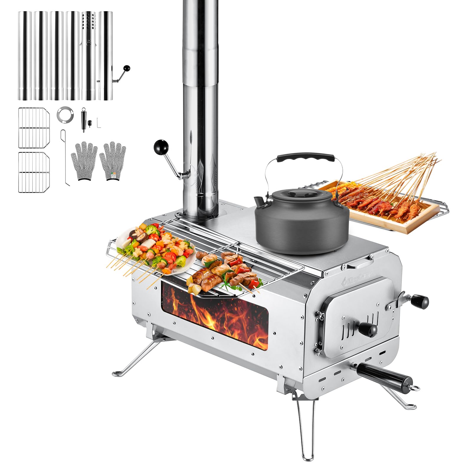 KingCamp Hot Tent Stove, Foldable Camping Stove with Large Firebox, 6 ...