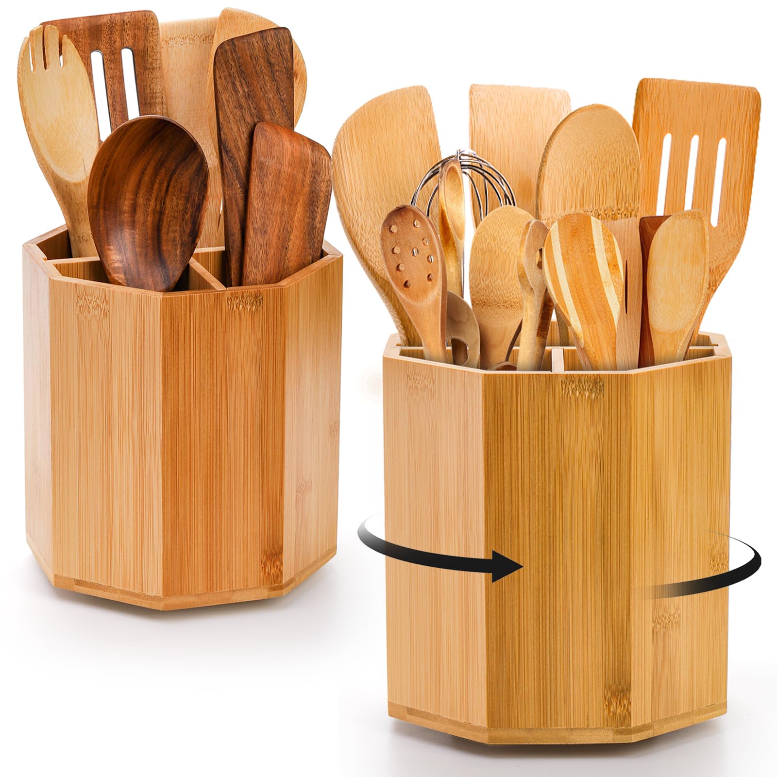 Mezchi 2 Pack Bamboo Wooden Utensil Holder for Kitchen Counter, 360 ...