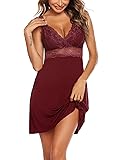 Ekouaer Nightgowns Womens Sexy Lace Modal Sleepshirts V-Neck Chemises Pajama Dress Full Slip ...
