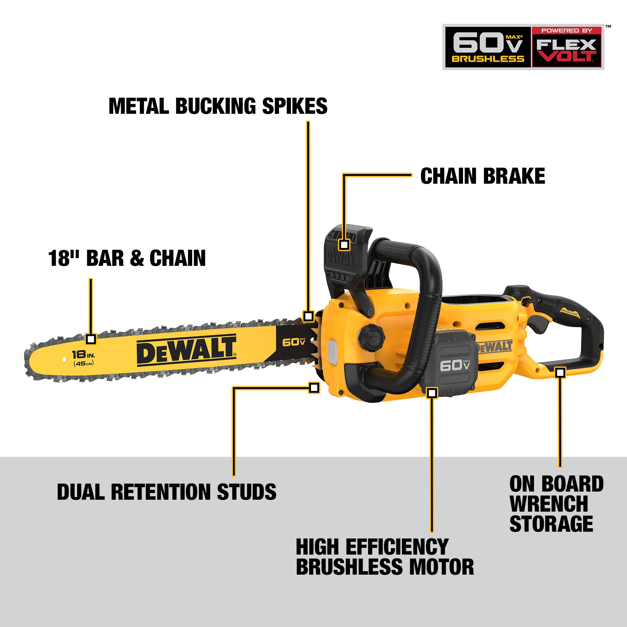 Motosierra inalámbrica DEWALT 60V MAX, 18 pulgadas, solo herramienta ...