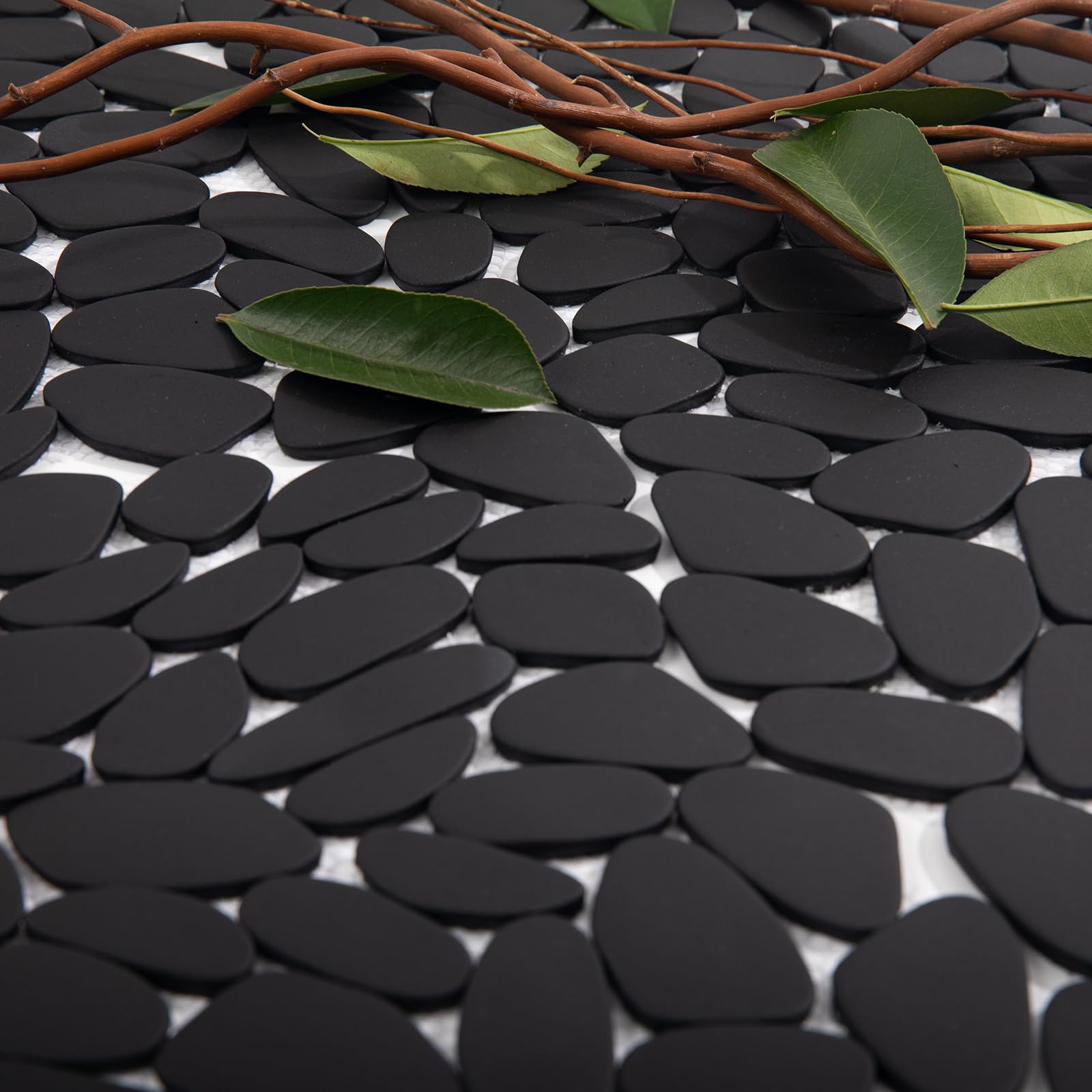 Adolif Pebble Tile for Shower Floor, Black Long Oval Pebble Mosaic ...