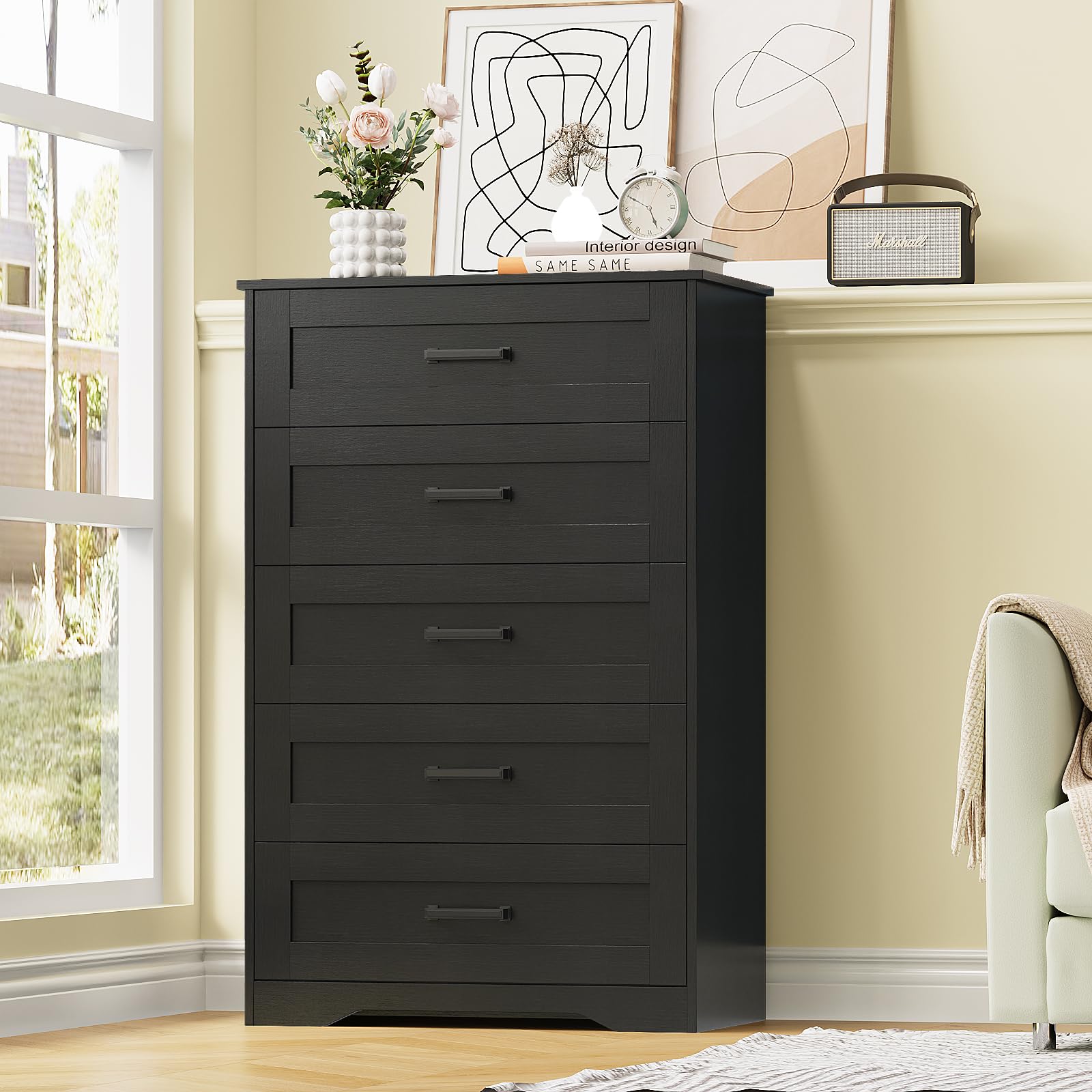 Welfuturer Black 5 Drawer Dresser for Bedroom,Tall Wooden Chest of ...