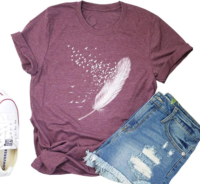 Feather Print T Shirt for Women Feather Graphic Cute Funny Tee Tops ...
