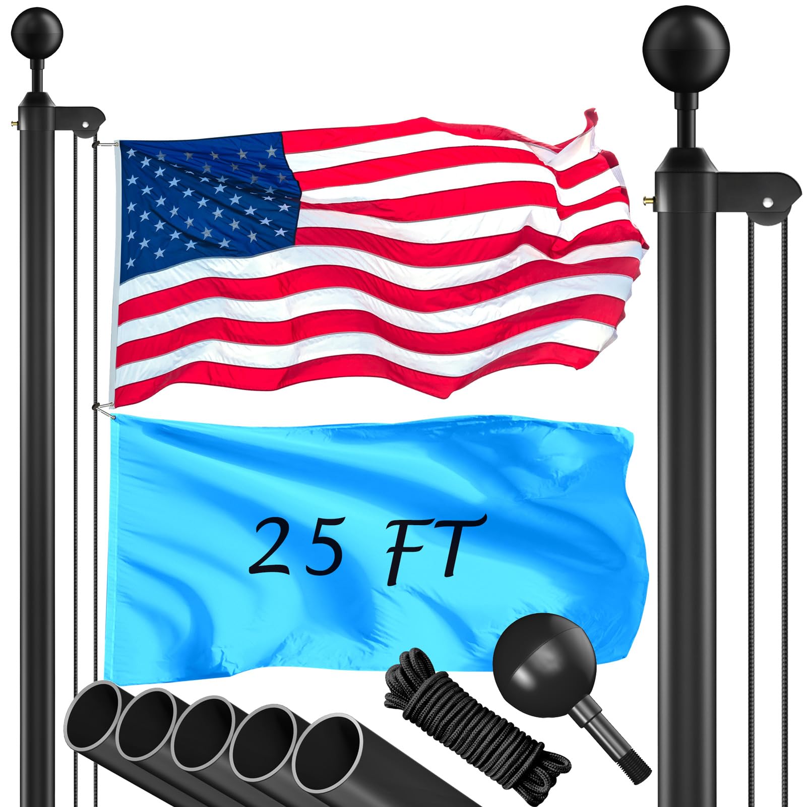 Flag Pole Kit 25FT, Heavy Duty Flag Poles with 3x5 American Flag, Black ...