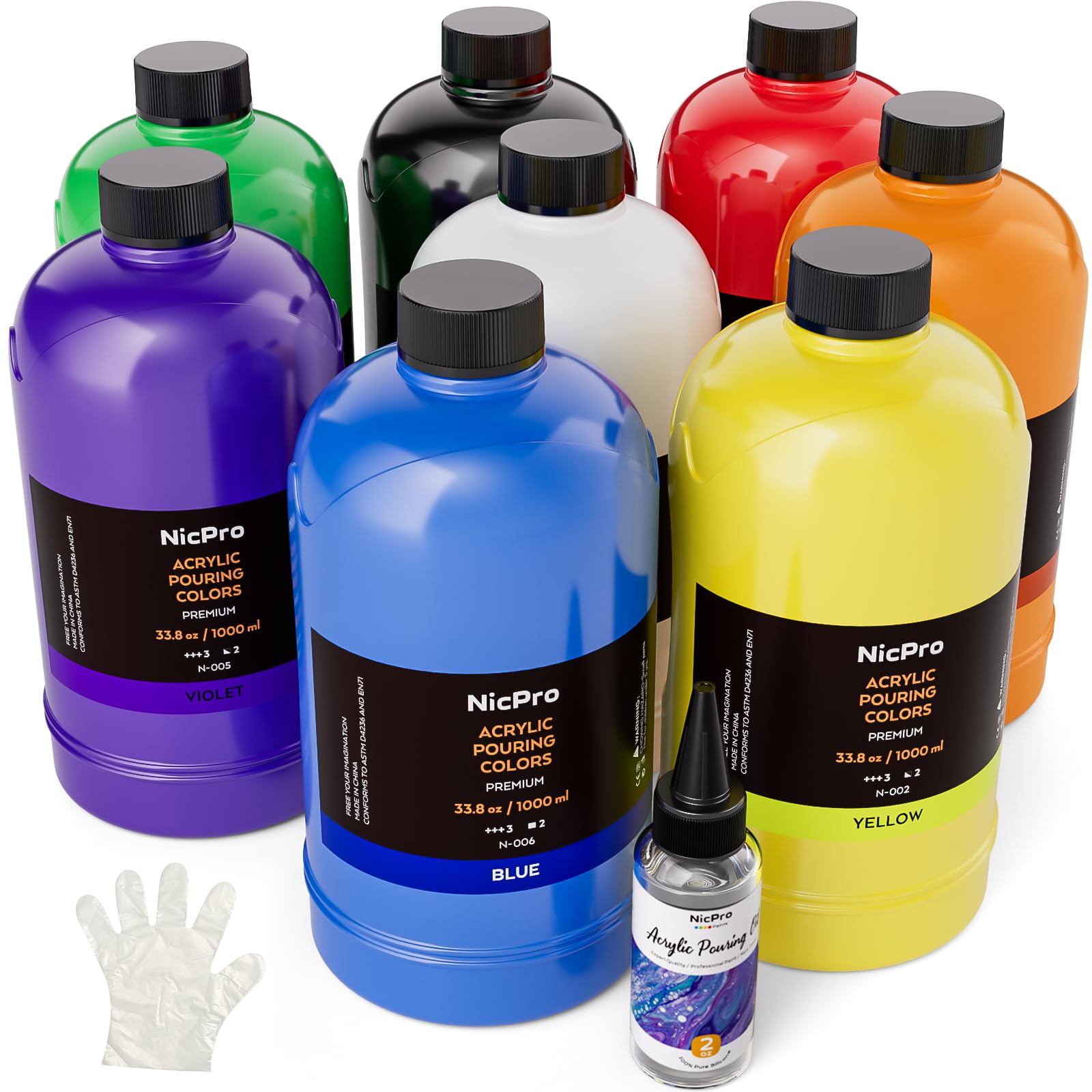 Nicpro 8 Colors Large Bulk Acrylic Pour Paint Set (33.8 oz, 1000 ml ...