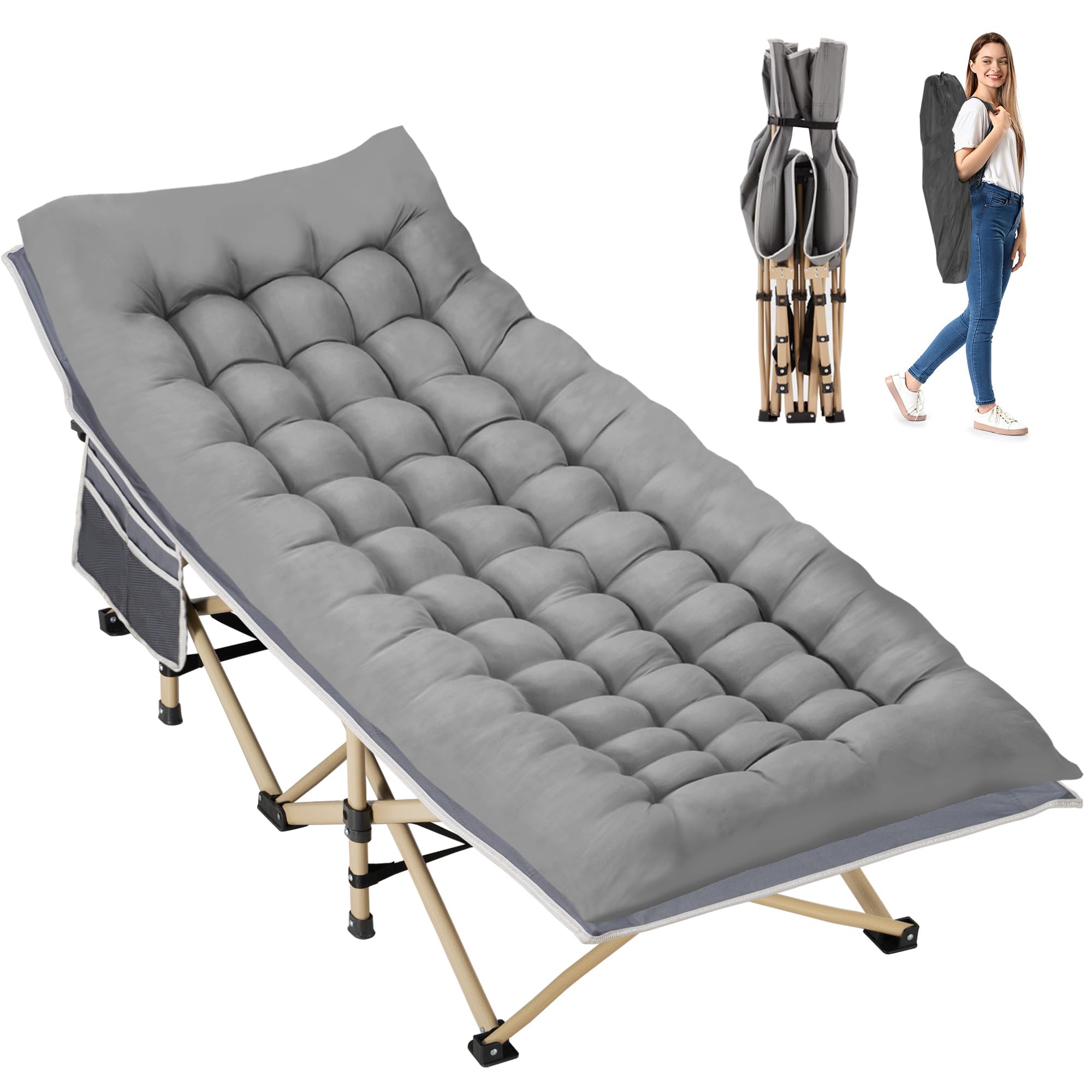 Candockway Folding Camping Cot with Comfy Mattress(Grey),600LBS(Max ...