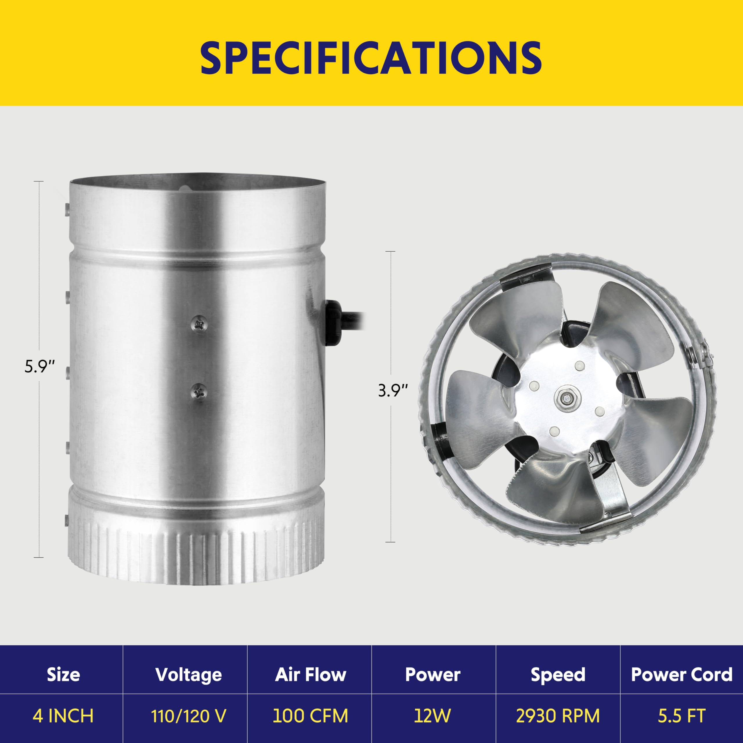 IPower 4 Inch 100 CFM Booster Fan Inline Duct Vent Blower With Variable ...