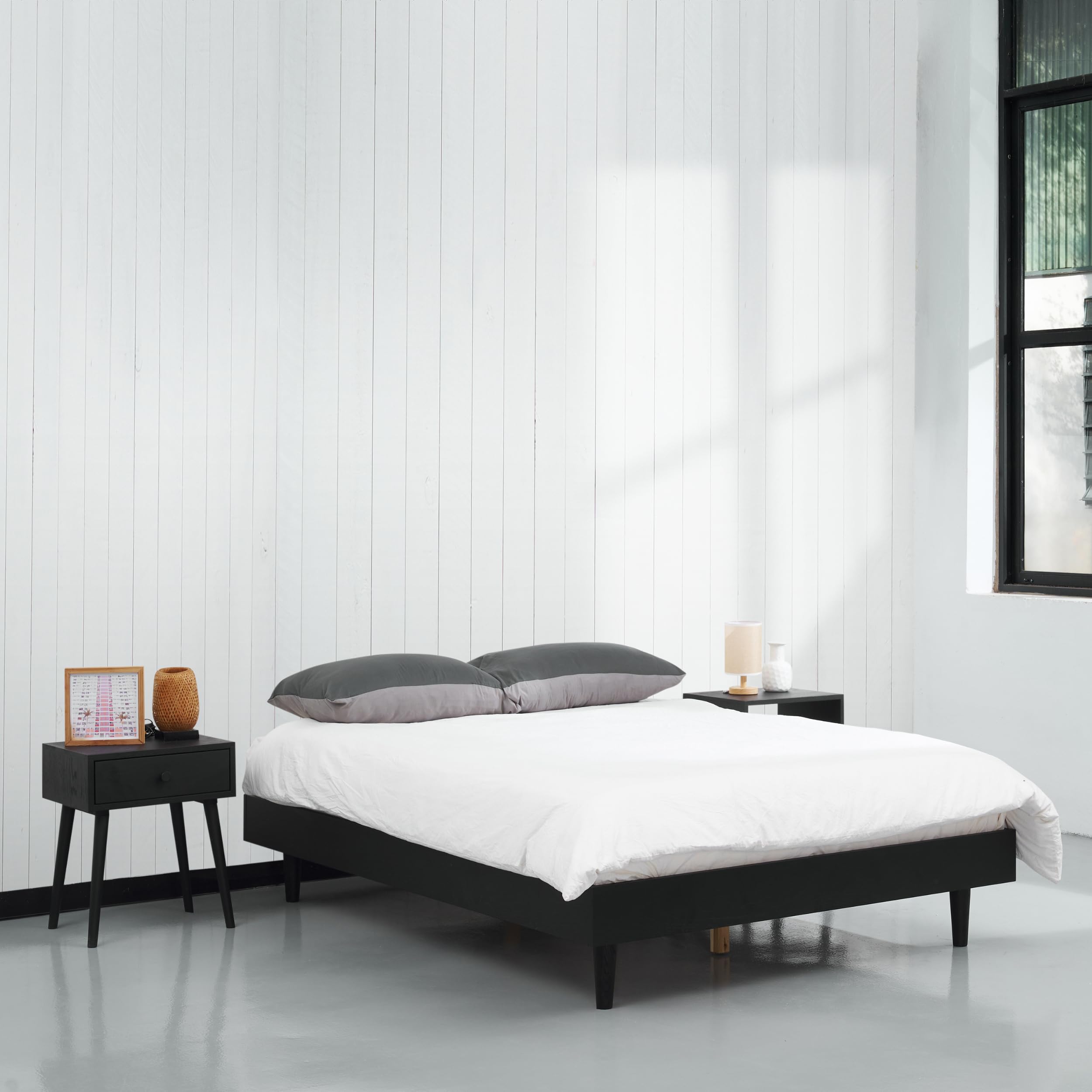 NTC Fly Wooden Bed Frame with Headboard, Solid Wood Foundation with ...