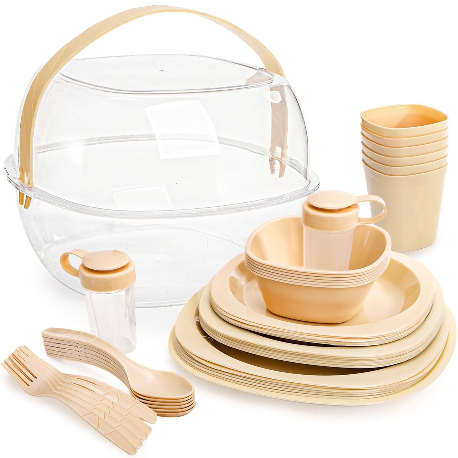 Tebery 46 Pack Camping Dinnerware Set for 6 Portable, Reusable Plastic ...