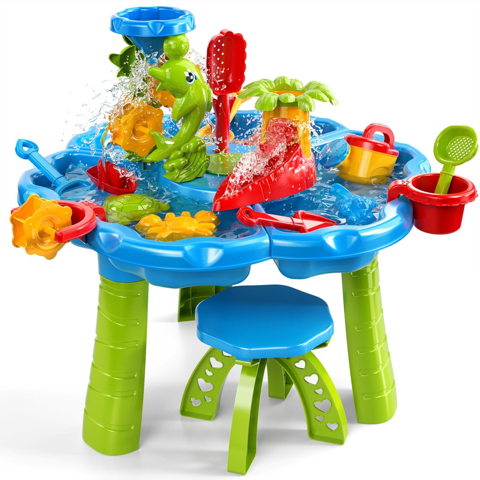 TEMI 3-in-1 Sand Water Table, 28PCS Kids Beach Summer Toys Sensory Play Table with Dolphin Water ...