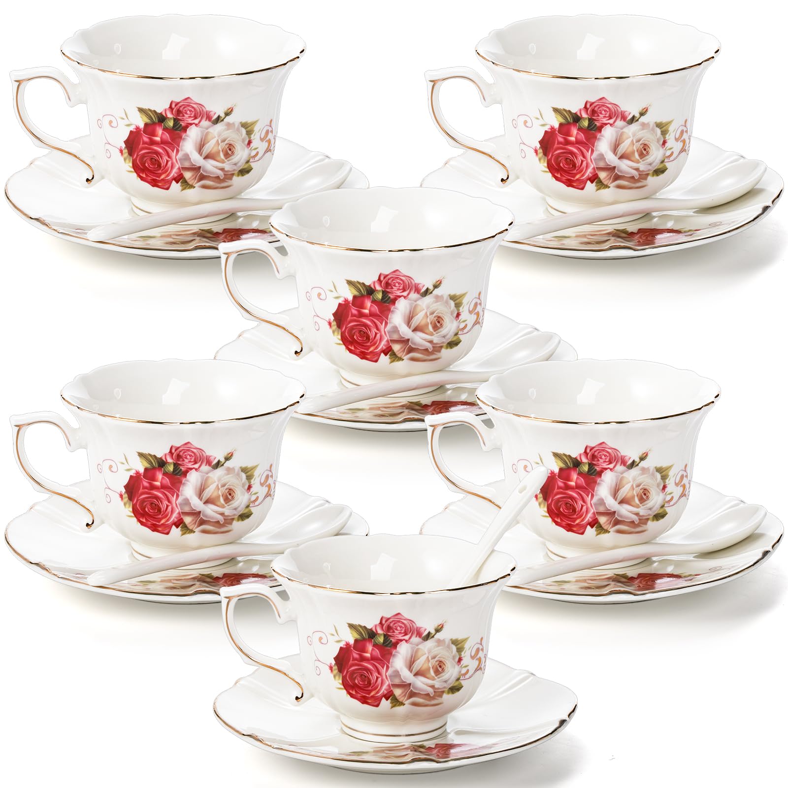 Foraineam Tea Cup and Saucer Set of 6, Porcelain Ivory Rose Tea Cups ...