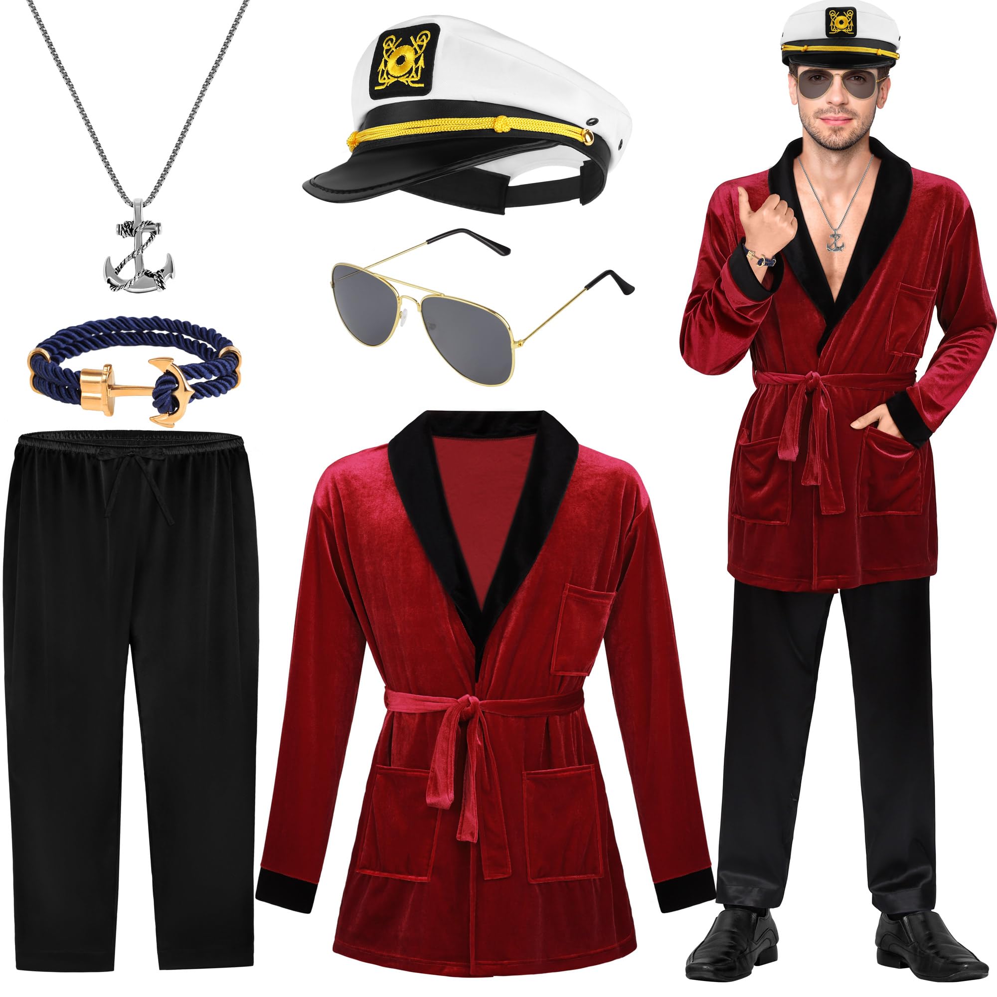 SOMSOC Halloween Red Silk Robe Jacket with Captain Hat Accessories and ...