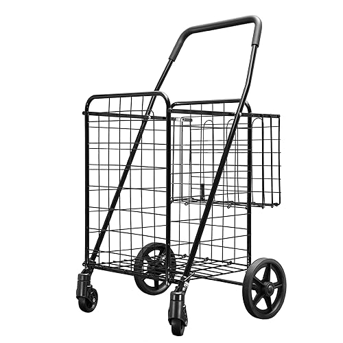 Folding Shopping Cart with 360-Degree Wheels Black (Double Basket) in ...