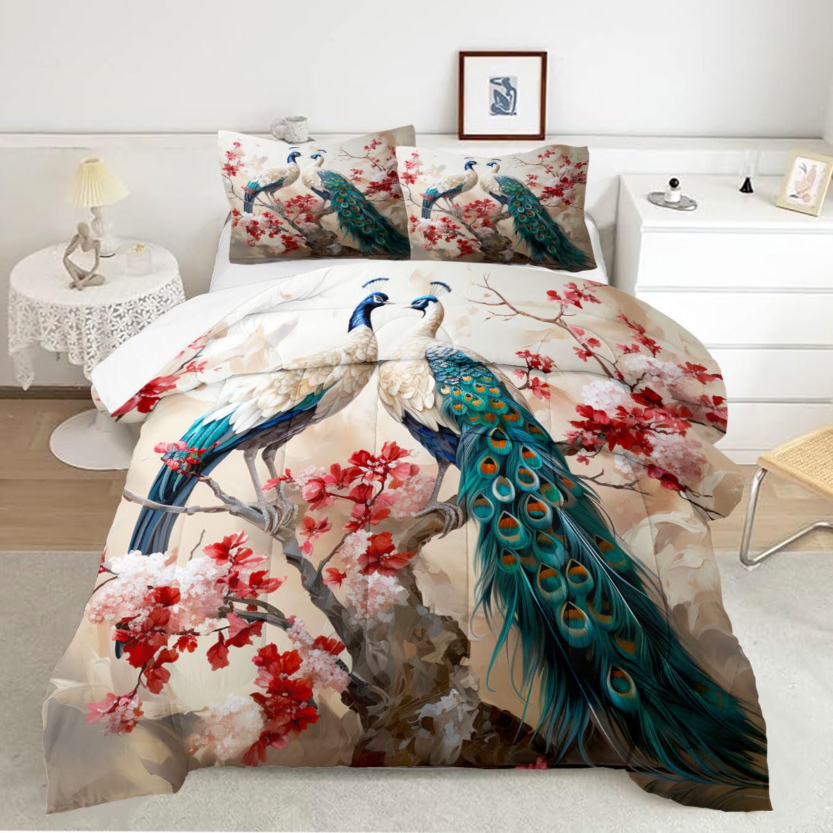 CCoutueChen Cute Floral Bird Comforter Set King Size Teal Peacock Feather Bedding Sets for Girls ...