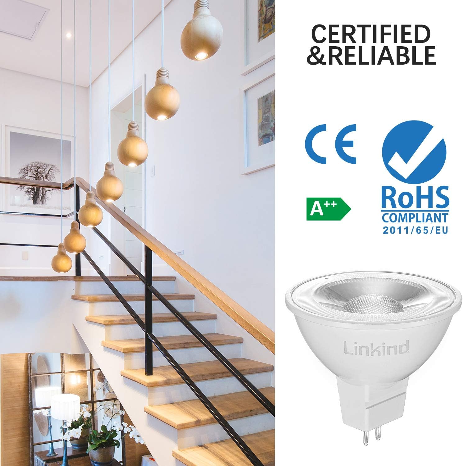 Linkind GU5.3 MR16 LED Bulbs, 12V AC/DC 5W(Equivalent to 50W) Bi-Pin Base Spotlight Bulb, 520LM ...