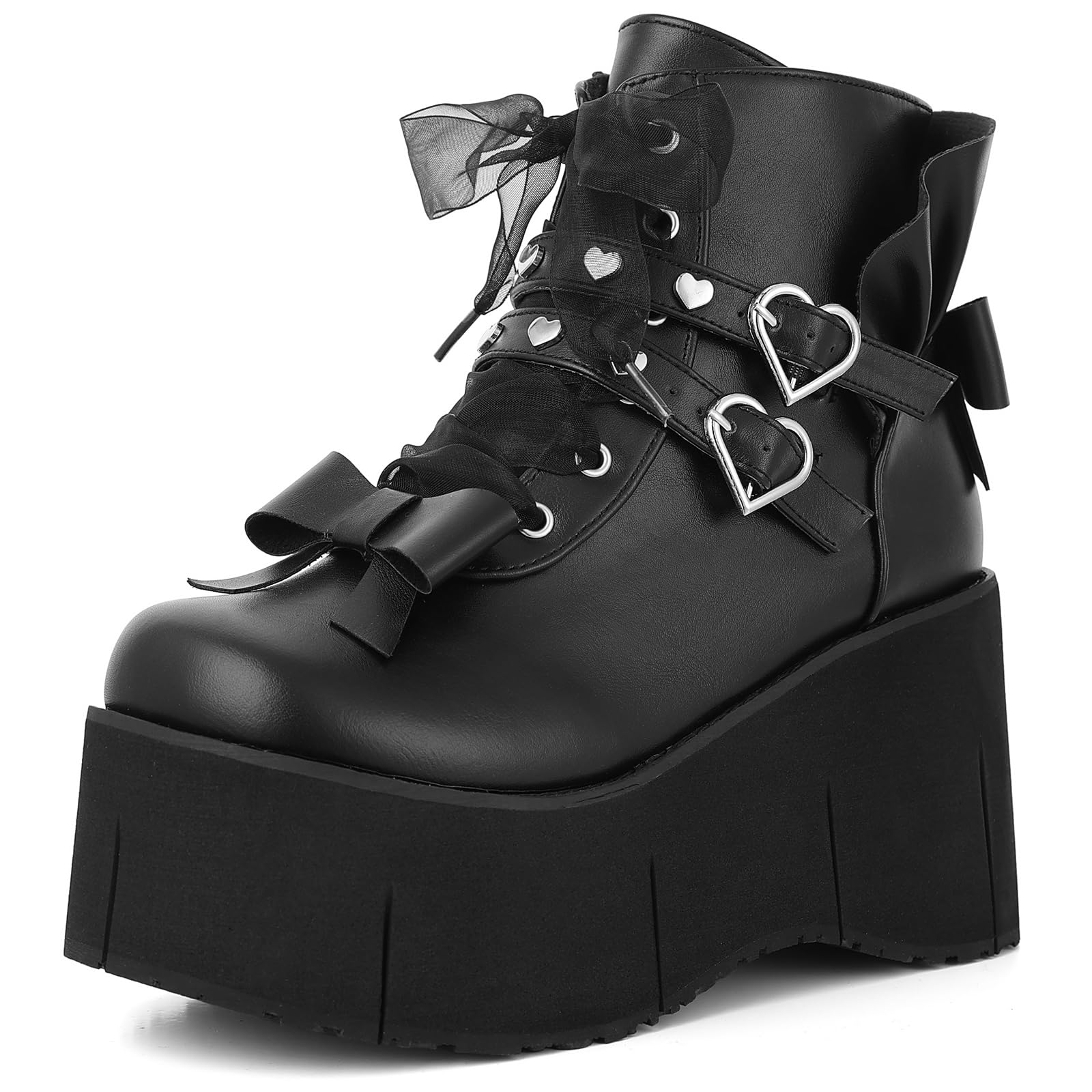 Tscoyuki Goth Platform Boots for Women - Ribbon Lace Up Heart Studded ...