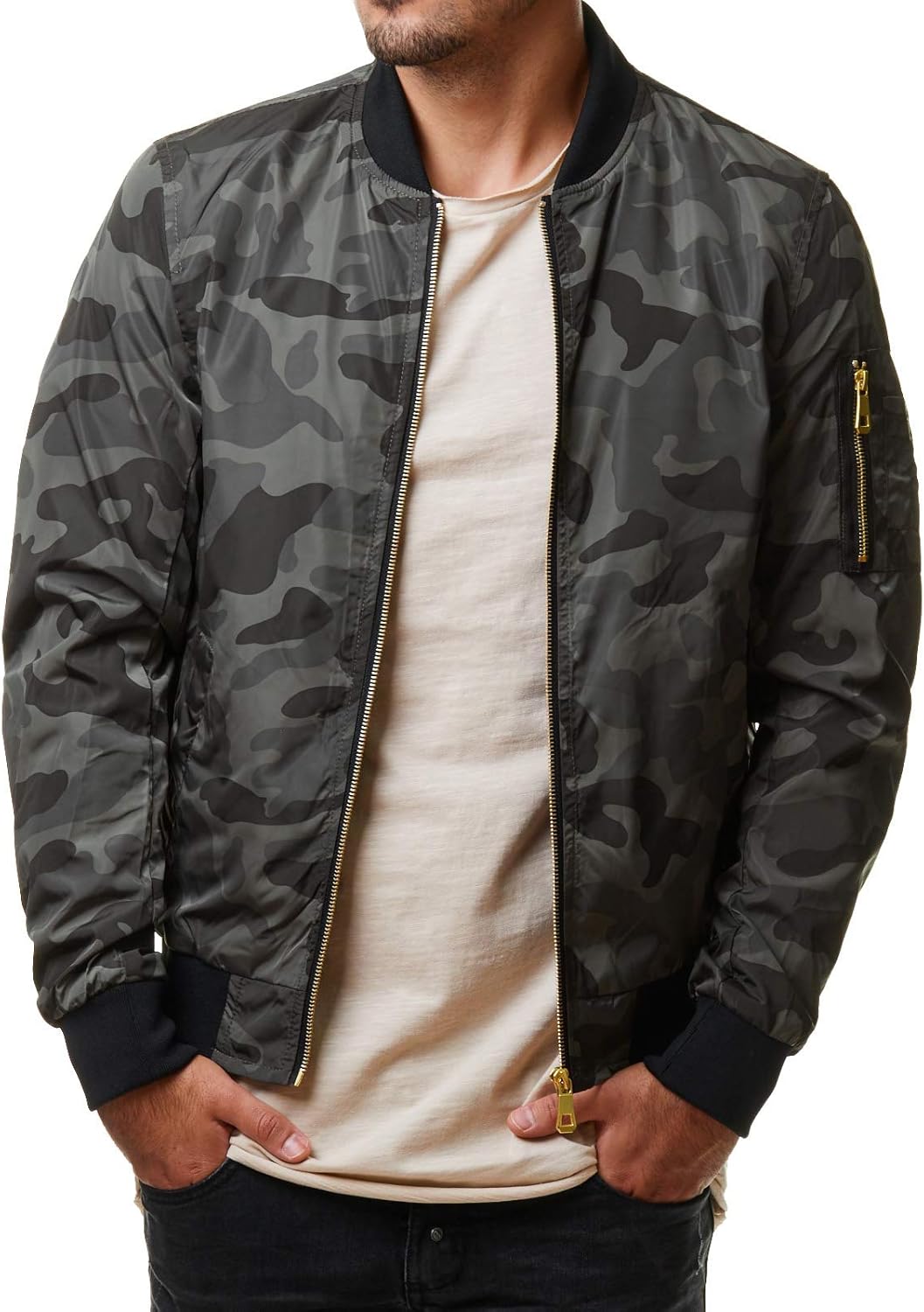 EightyFive Herren Jacke Übergangs Bomber Polyester Zipper Schwarz Khaki ...