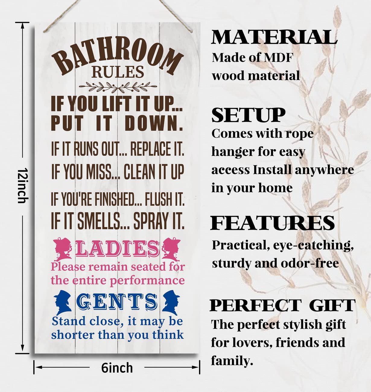 Mua Funny Bathroom Wood Decor Sign, Bathroom Rules, Hanging Printed ...