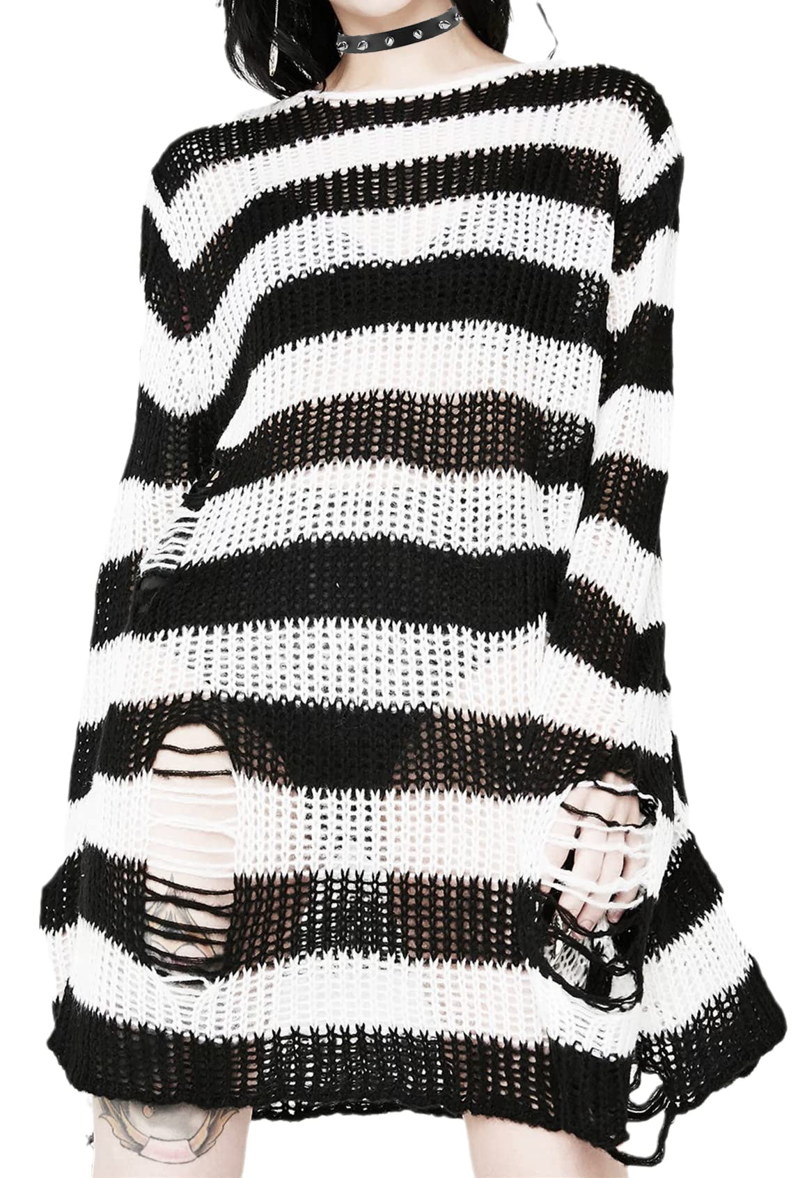 Black and White Striped Goth Distressed Sweater Long Sleeve Hollow Out ...