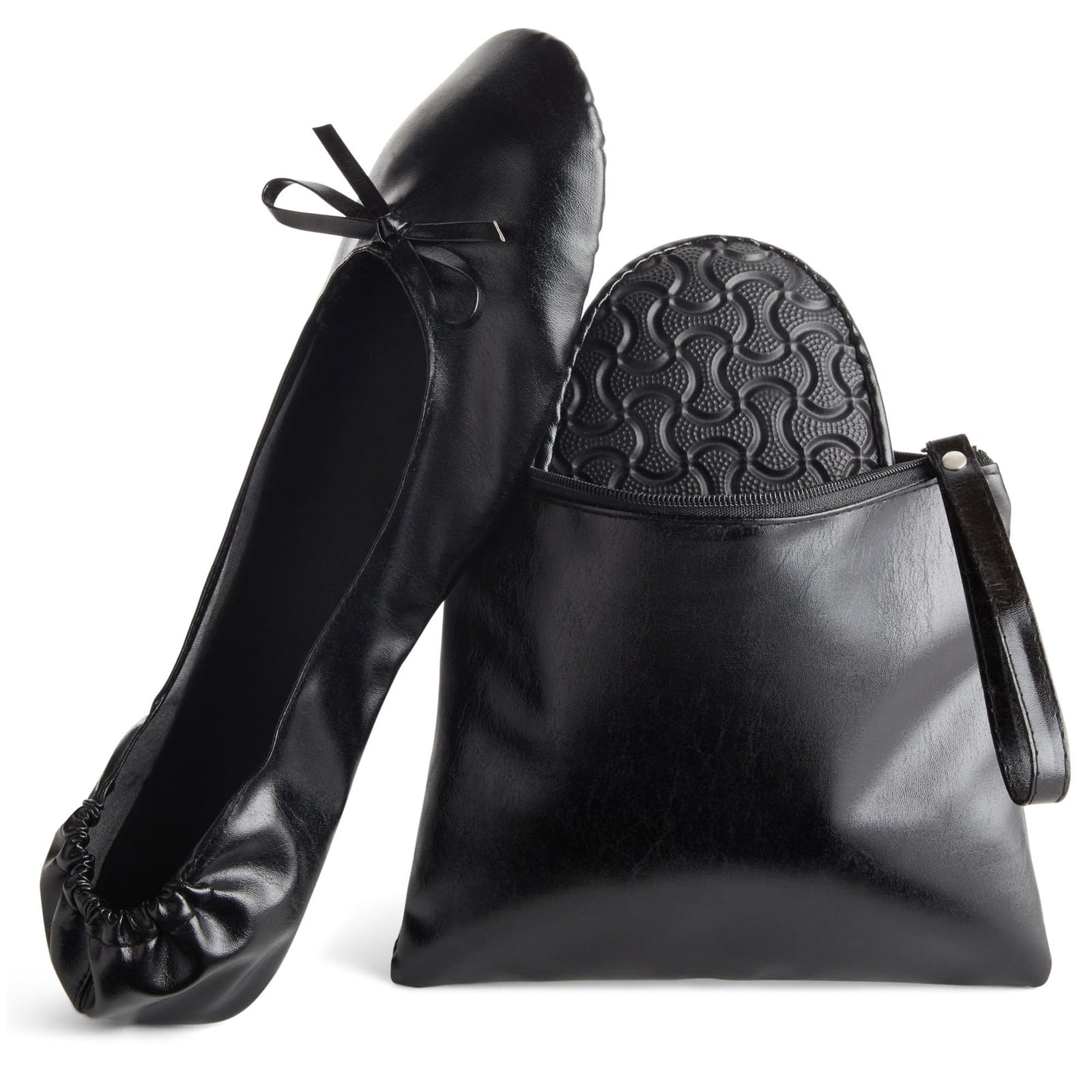 Black Foldable Ballet Flats for Women, Roll Up Flats with Zipper Pouch ...