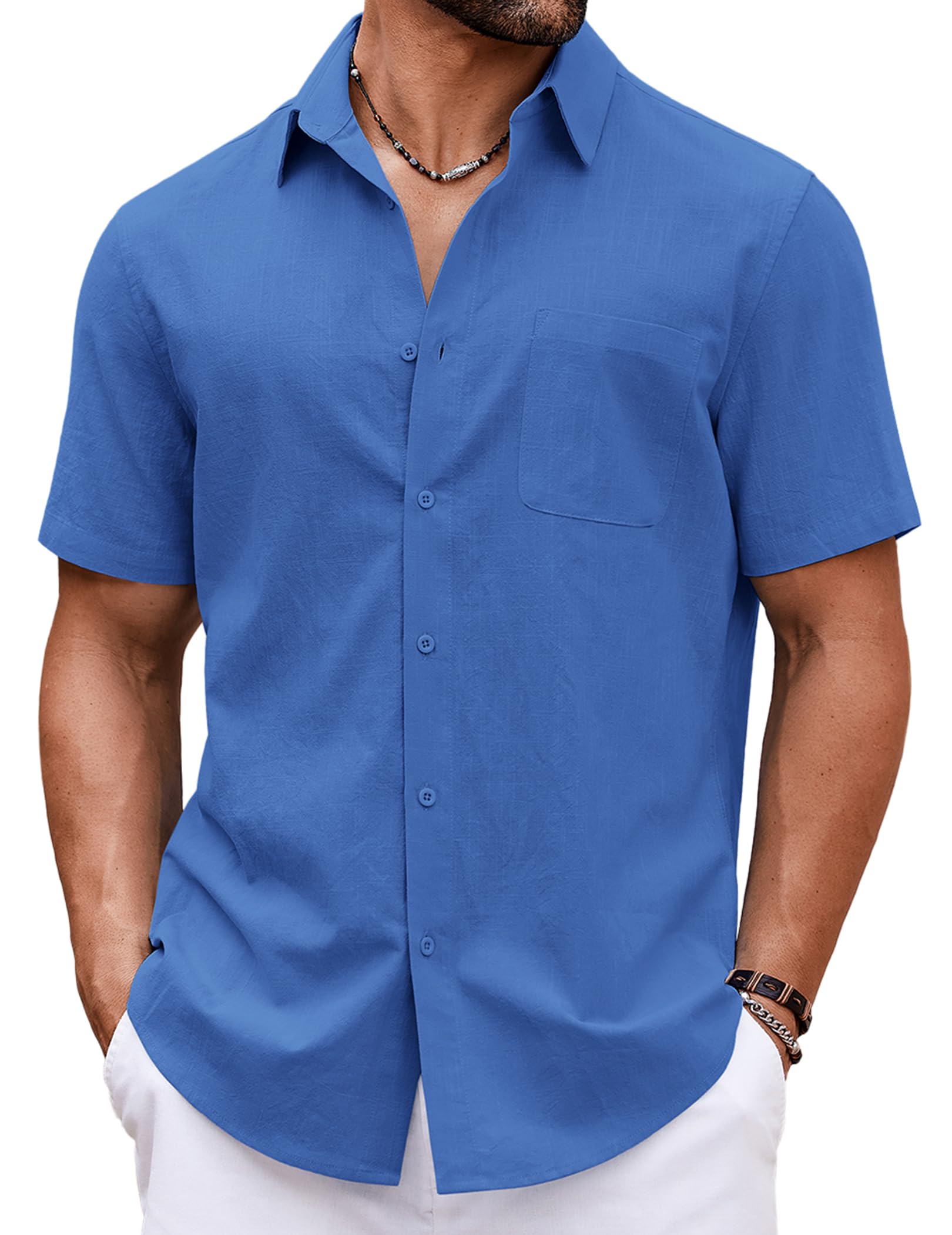COOFANDY Textured Linen Shirt Men Short Sleeve Button Down Shirt for ...