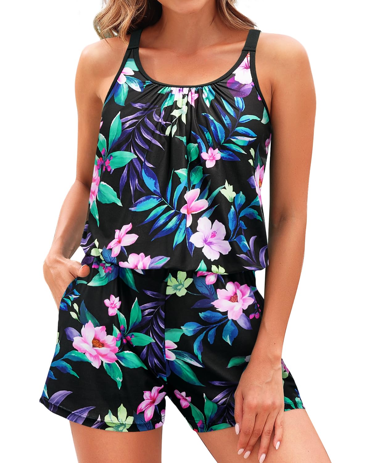 Tempt Me Black Purple Floral Romper One Piece Swimsuits with Short ...