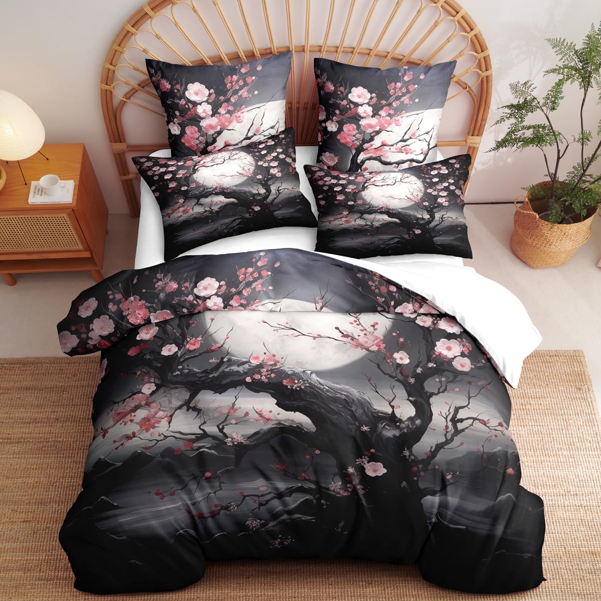 CCoutueChen Japanese Cherry Blossom Duvet Cover Queen Size Black Pink ...