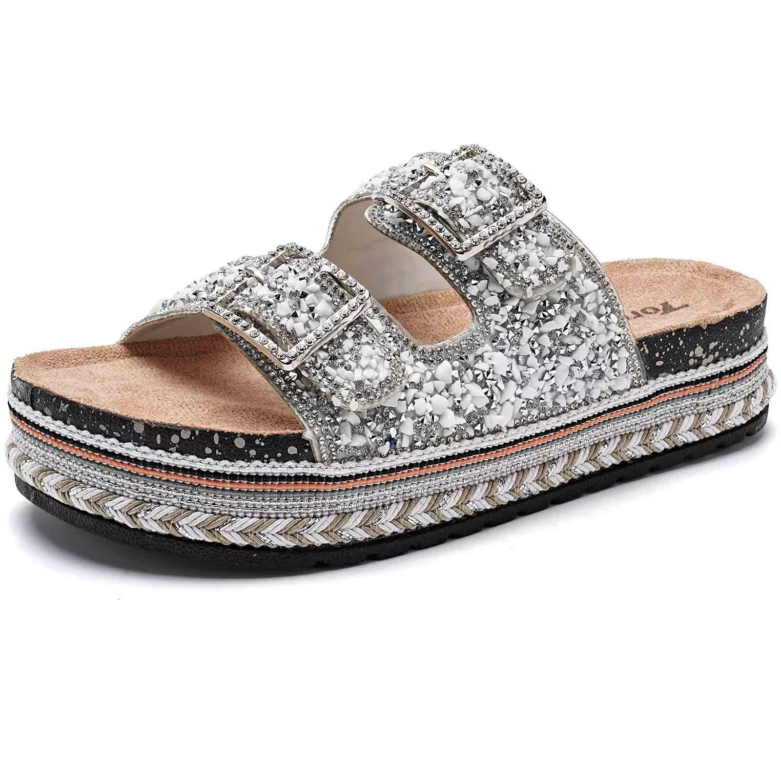 Torotto Womens Slides with Cork Footbed Open Toe Adjustable Webbing ...