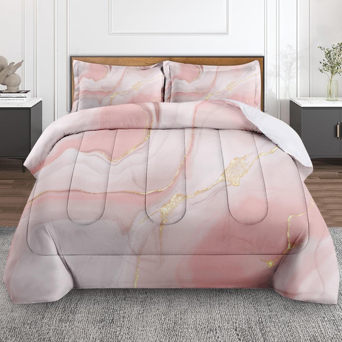 Culudea Marble Rose Gold Comforter Set Queen Size, Granite Baby Golden ...