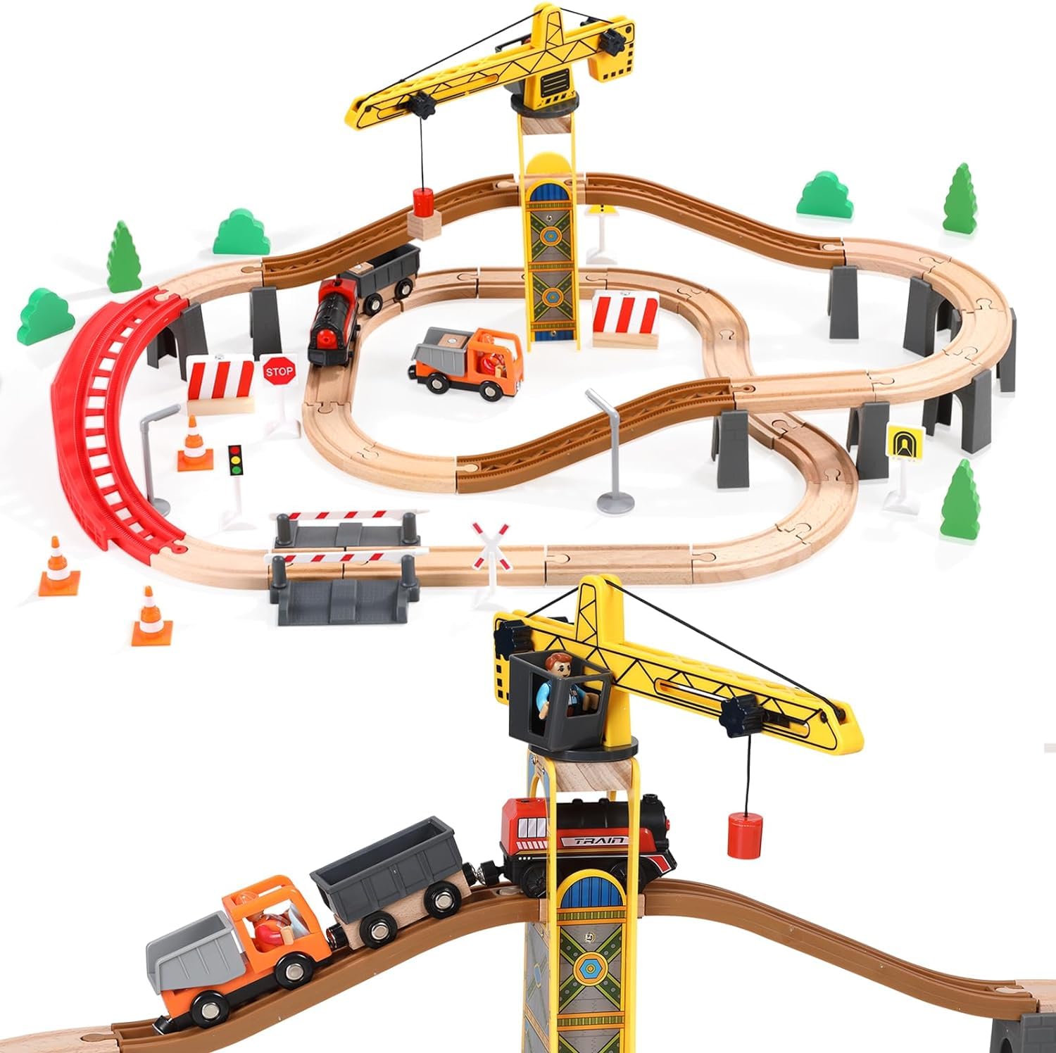 Giant bean 72PCS Tower Crane Wooden Train Set, Toy Battery Operated ...