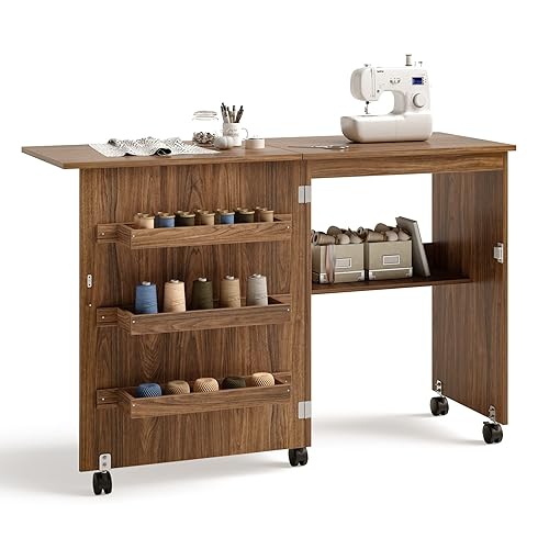 Giantex Folding Sewing Craft Table, Sewing Cabinet with 3 Storage Bins ...