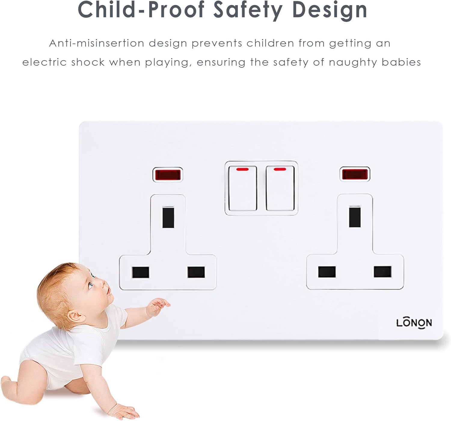 Lonon Double Socket Set Screwless White Wall Socket 2 Gang 13A Double ...