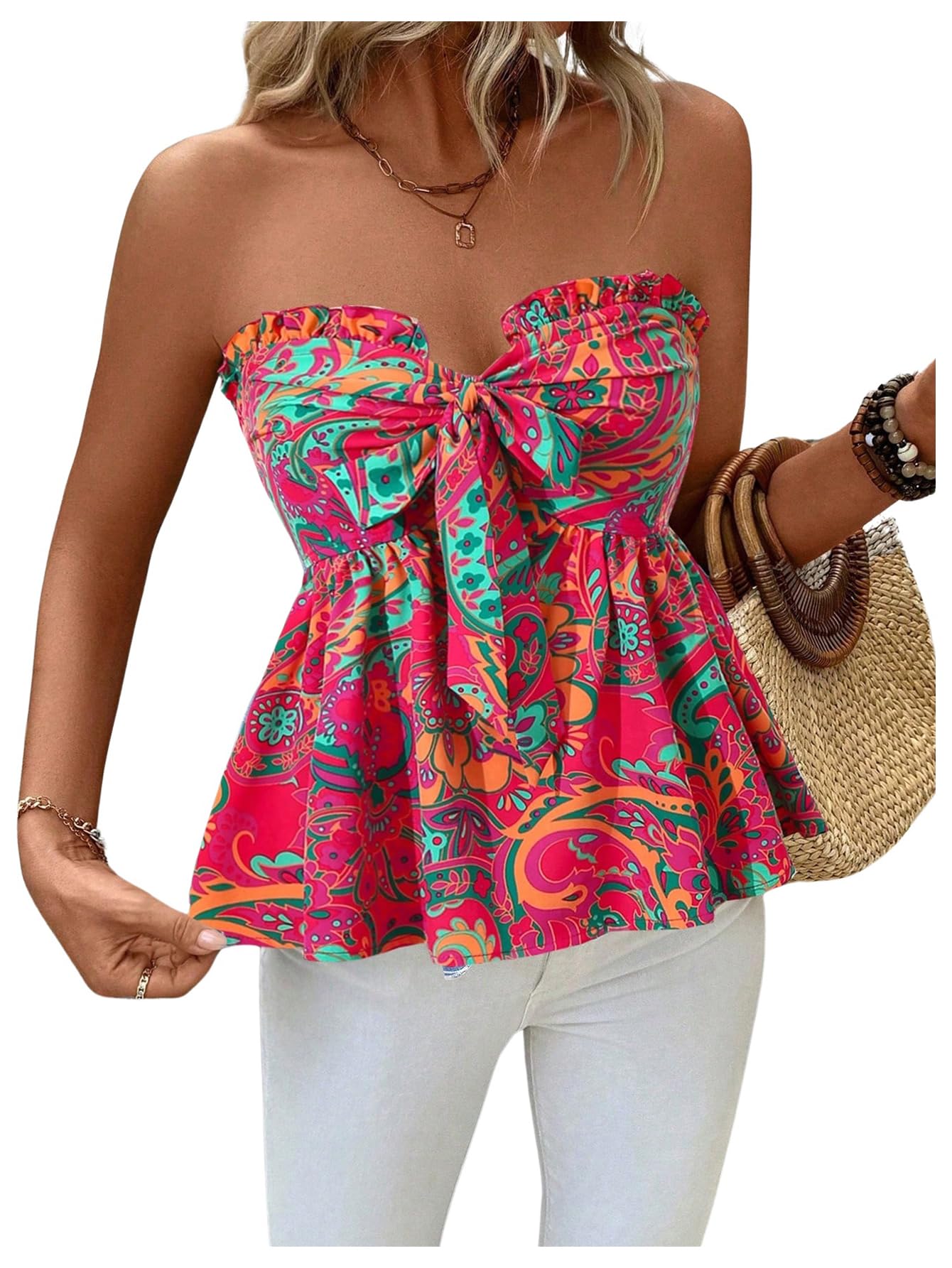SOLY HUX Women's Tube Top Boho Floral Print Strapless Sleeveless Tie ...