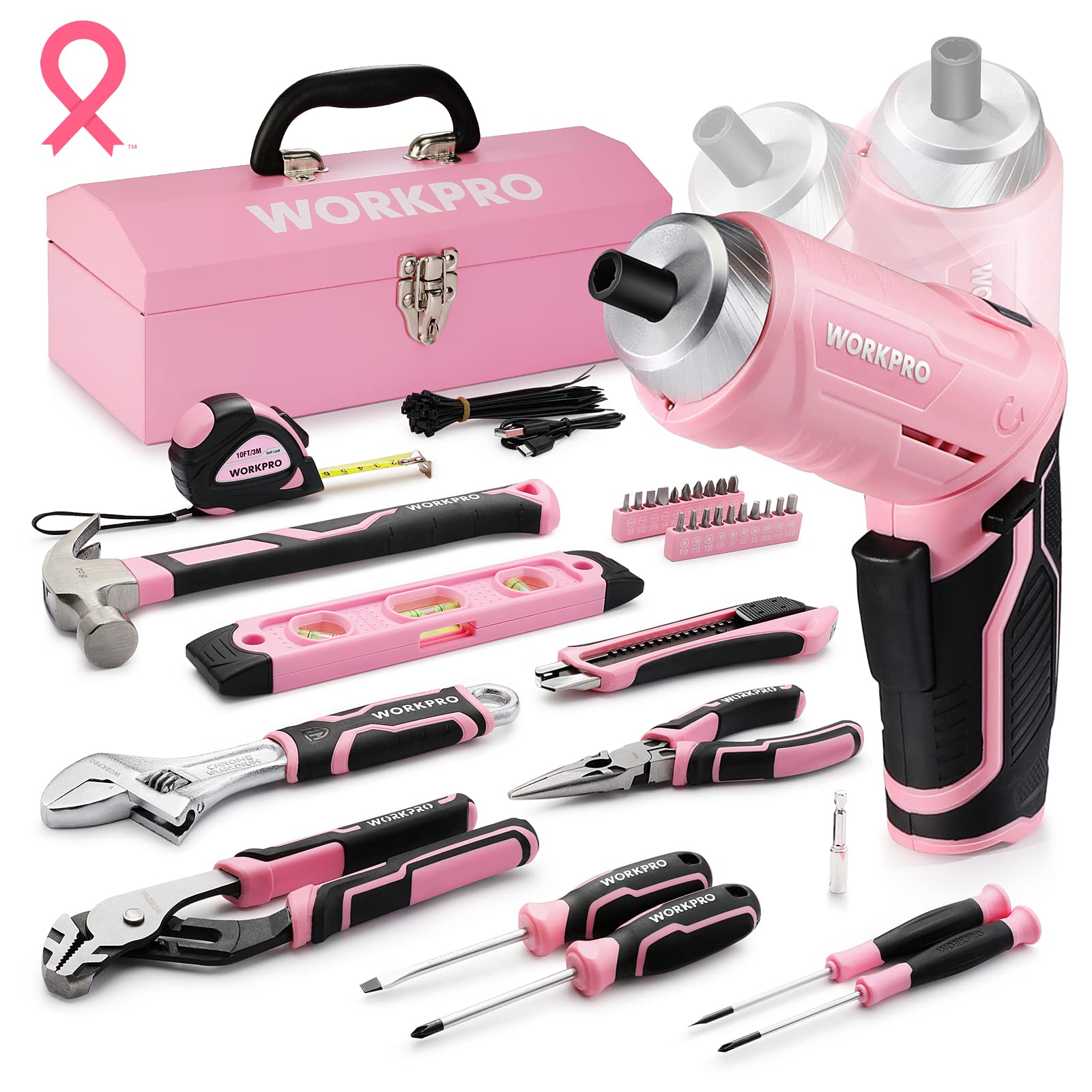 Mua WORKPRO 75-Piece Pink Tools Set, 3.7V Rotatable Cordless ...