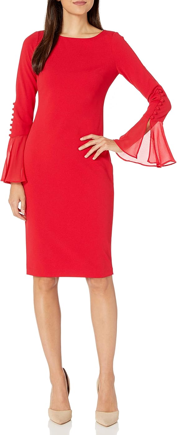 Calvin Klein Women's Solid Sheath with Chiffon Bell Sleeves Dress, Red ...