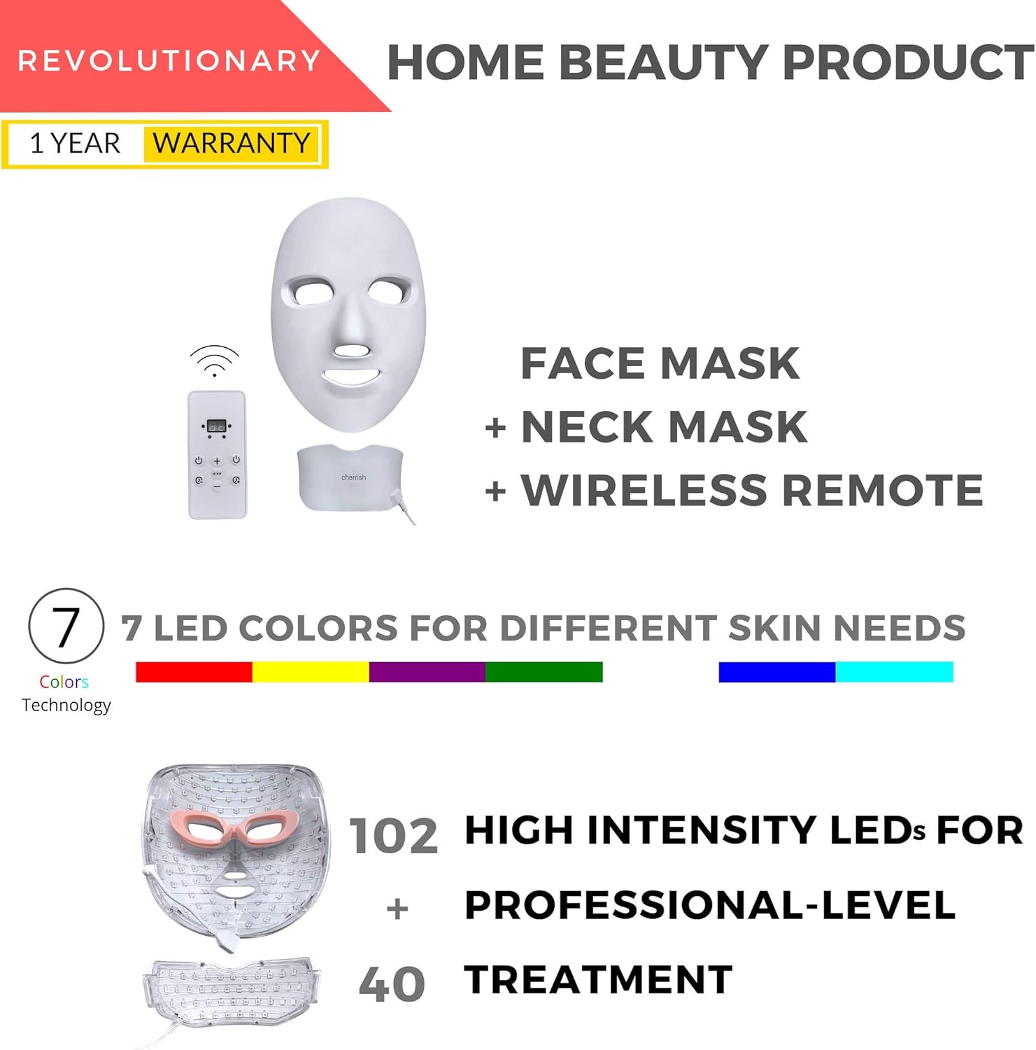 Wireless 7 color LED Mask for Face and Neck. Light photon therapy for ...