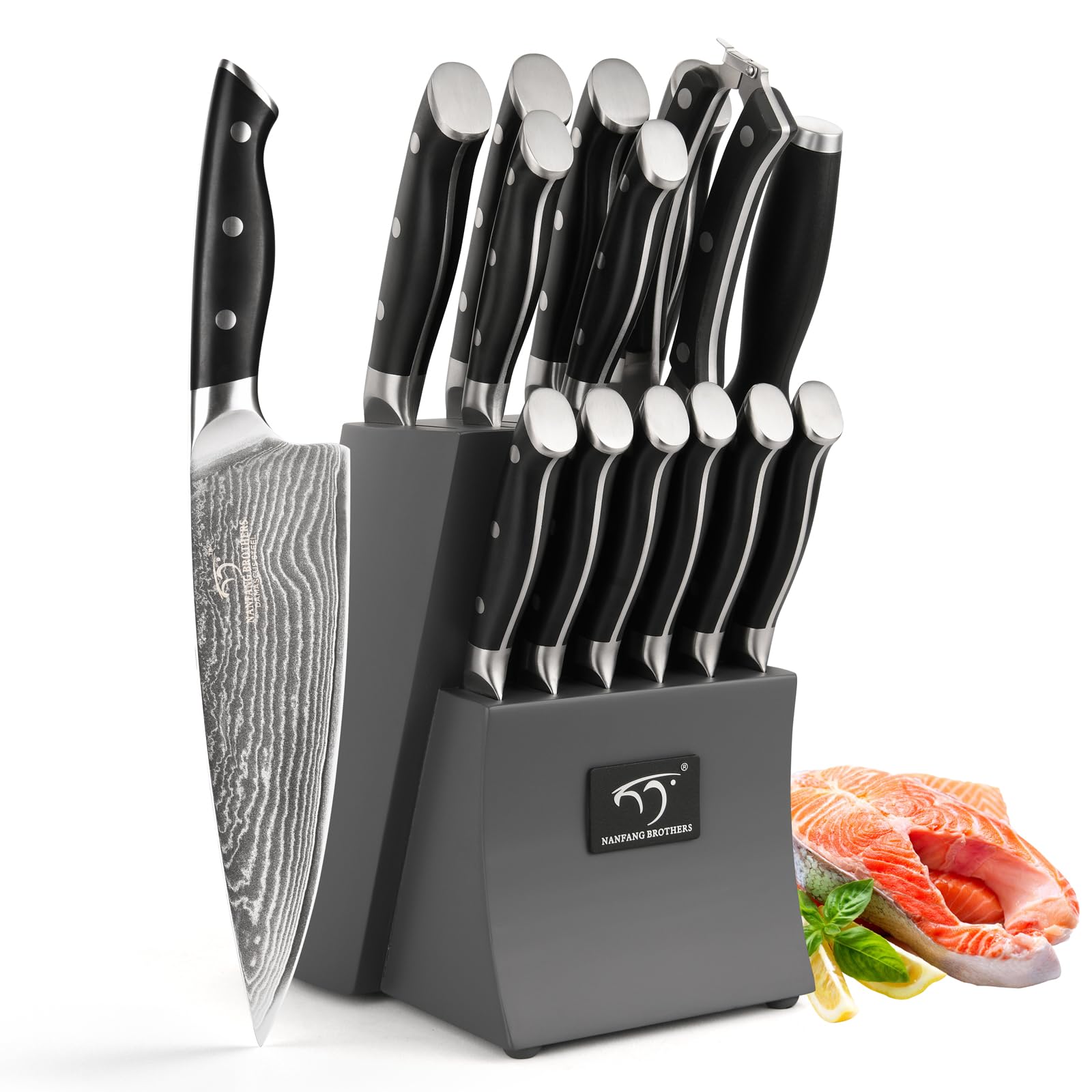 Damascus Kitchen Knife Set, 15-Piece Kitchen Knife Set with Block, ABS ...