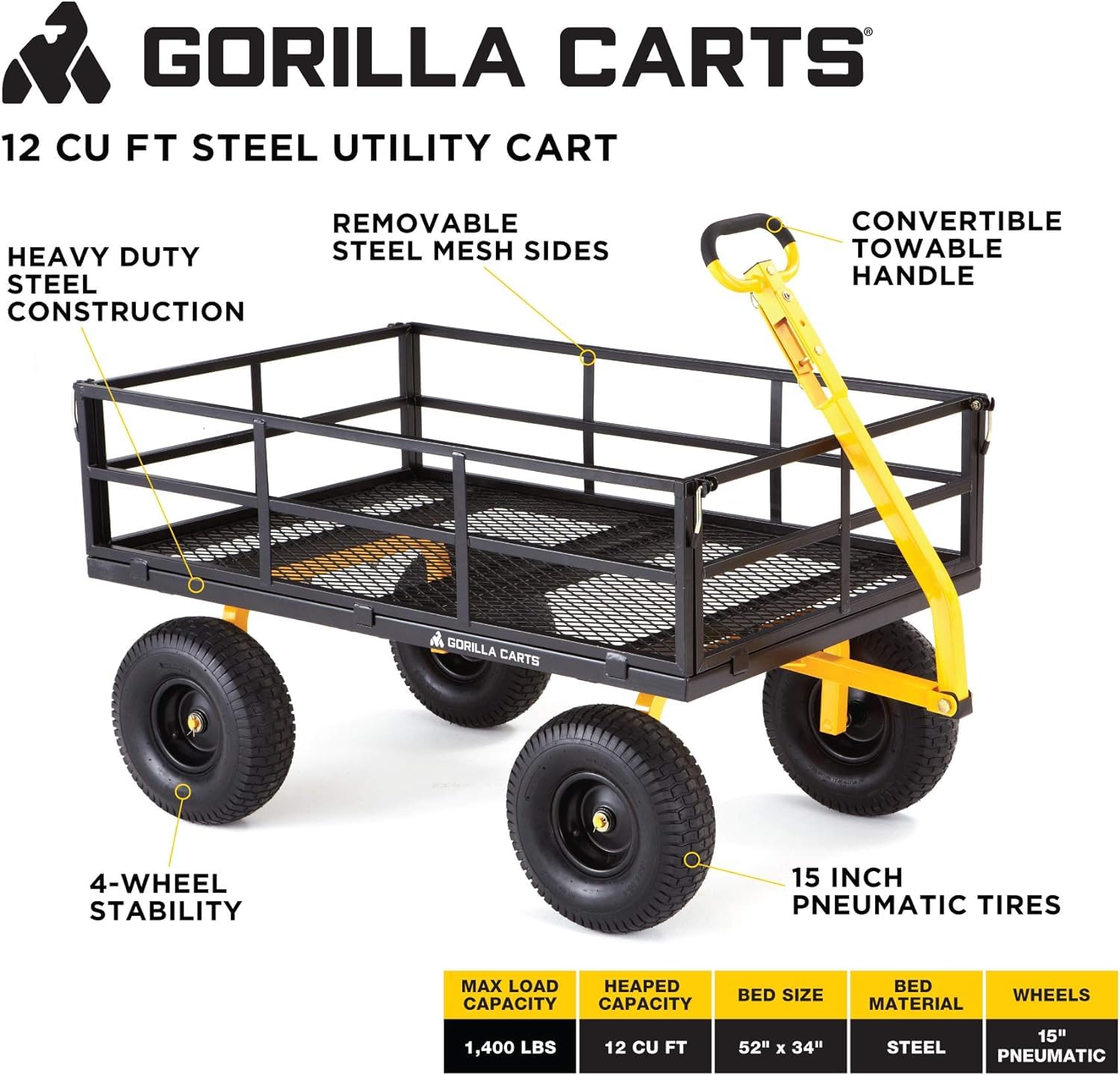 Gorilla Carts GOR1400-COM Steel Utility Garden Cart, Heavy-Duty Convertible 2-in-1 Handle And ...