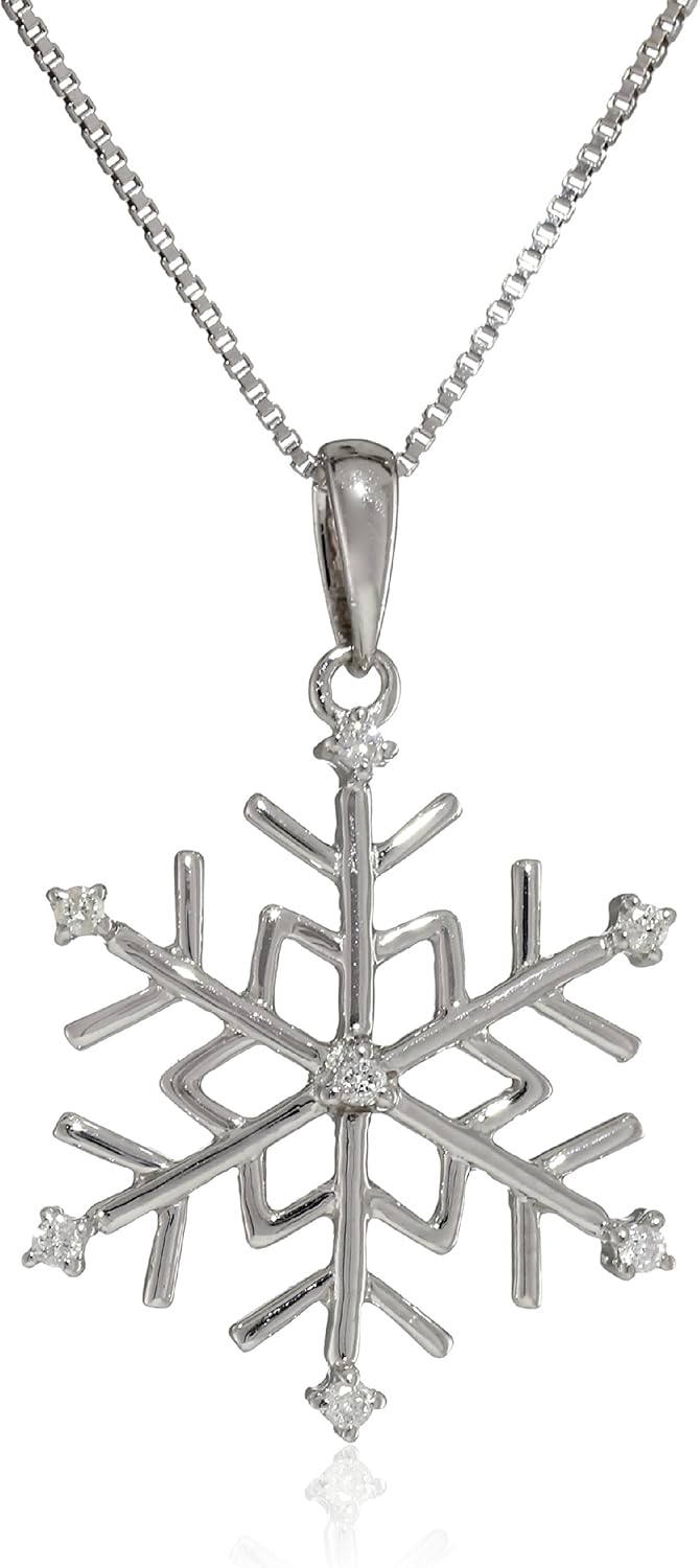Amazon.com: Sterling Silver Diamond Snowflake Pendant Necklace (0.05 ...
